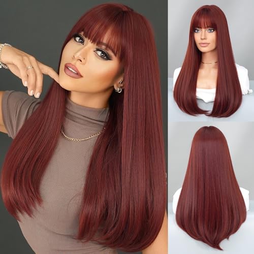 Amazon.com : PARK YUN Long Straight Wine Red Wig with Bangs 23 Inch ...