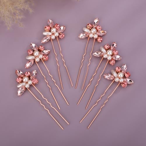 Amazon.com : Teyglen 6pcs Crystal Pearl Bridal Hair Pins Pink ...