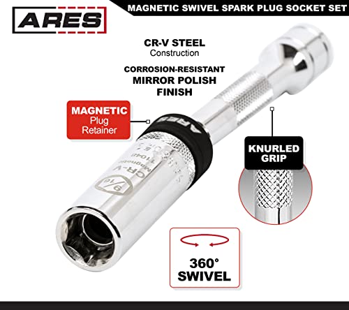 Snapklik.com : ARES 11053 - 3-Piece 3/8-Inch Drive Magnetic Swivel Spark Plug Socket Set