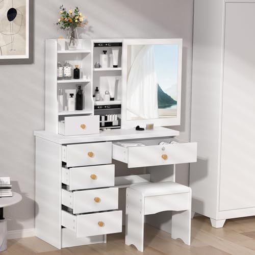 HshDUti Dressing Table with Mirror and Stool, Dressing Table with ...