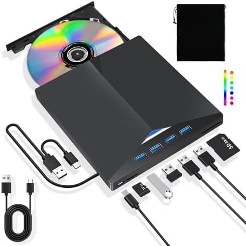 Lychee External CD DVD Drive with 4 USB Ports and 2 TF/SD Card Slots ...