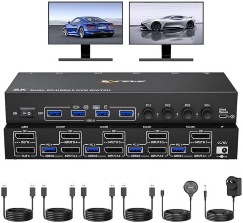 8K Dual Monitor Displayport KVM Switch 2 Monitors 4 Computers 4 Port ...