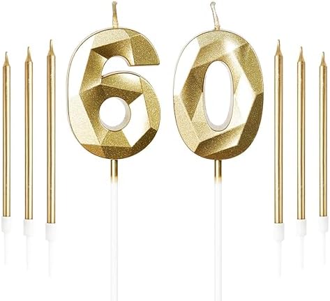 Gold 60th Birthday Candles Number for Cake - Cake Toppers Decorations ...