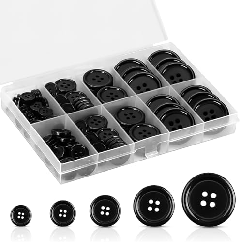 Resin Sewing Buttons, 100 Pcs 4 Hole Black Craft Buttons, 5 Sizes Round ...