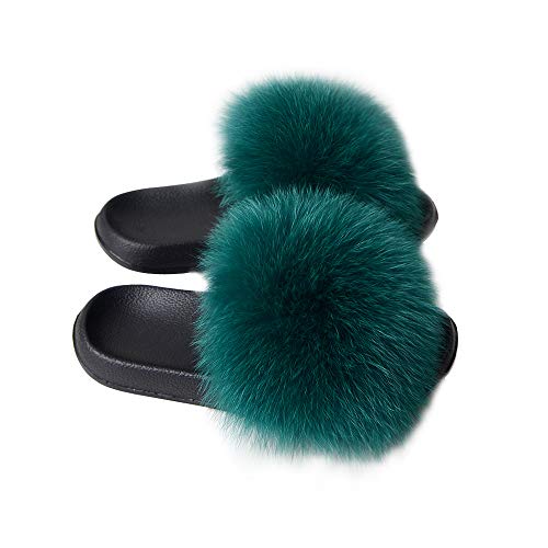 YIJIARAN Women's Real Fox Fur Slides Furry Slide Sandal for Outdoor Fur ...