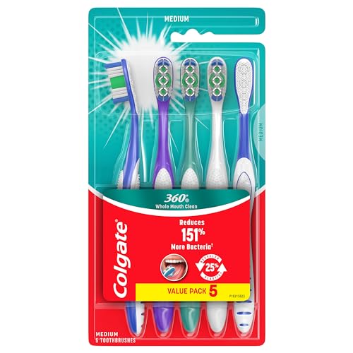 Colgate 360 Whole Mouth Clean Toothbrush, Adult Medium Toothbrushes, 5 ...
