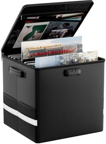 Vinyl Record Storage Box with Lock, Fireproof Record Organizer Storage ...