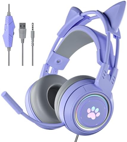 Amazon.com: Xmenha Cat Ear Headphones Purple Gaming Headset with Mic ...