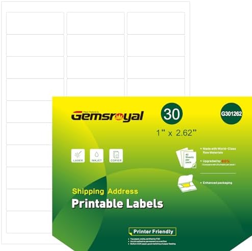 Amazon.com : Gemsroyal Address Labels for Printer,1”×2-5/8",40 Sheets ...