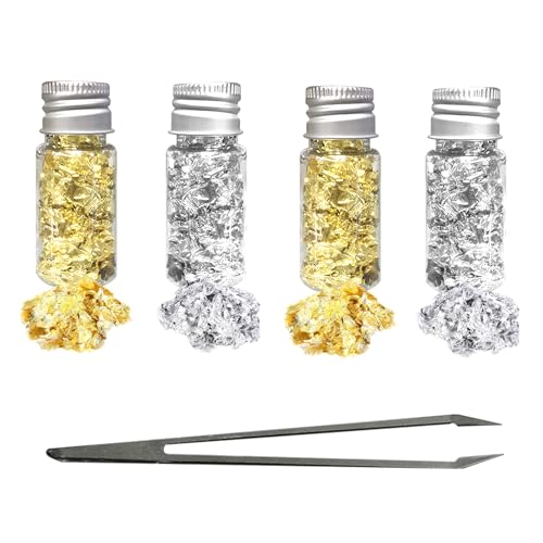 20g Gold Leaf Flakes, 4 Bottles Gold, Silver Colours Metallic Leaf Foil ...