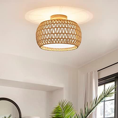 BUXVRCS Rattan Ceiling Light Fixtures,Hand-Woven Boho Flush Mount Light ...