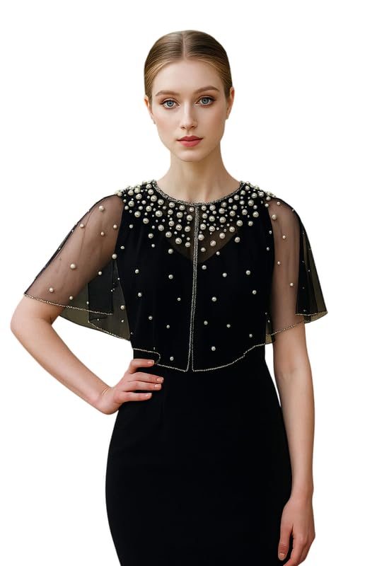 Buy Women's Beaded Net Poncho Cape Black Pearl Capelet | Pair It ...