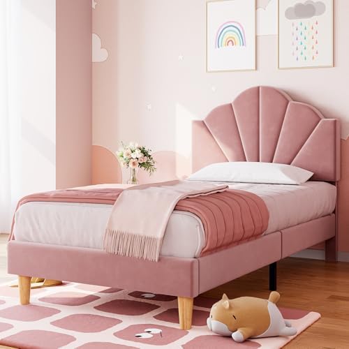 Amazon.com: GarveeHome Twin Pink Bed Frame, Twin Velvet Upholstered Bed ...