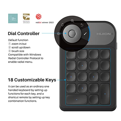 HUION Keydial Mini K20 Express Keys Remote Keyboard Bluetooth 5.0 for ...