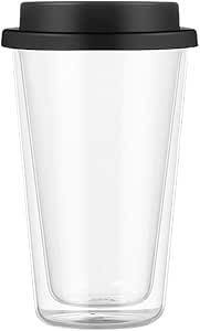 Amazon | NUOLUX グラス コーヒーカップ ガラス 耐熱 350ml ダブルウォールグラス 蓋付き 二重構造 グラス コップ タンブラー 電子レンジ可 食洗器可 透明 蓋 ...