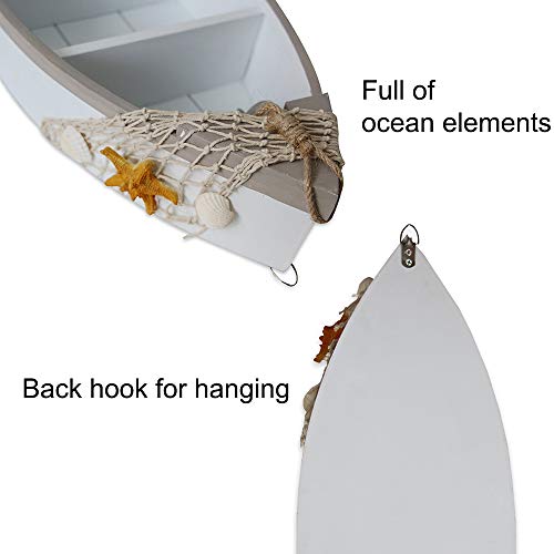 YK Decor 16.5"H Wooden Boat Display with 3 Shelves Fish Net Star Fish ...