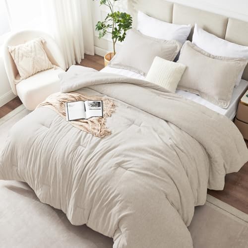 Amazon.com: CozyLux Full Size Comforter Set, 3 Pieces Heathered Beige ...