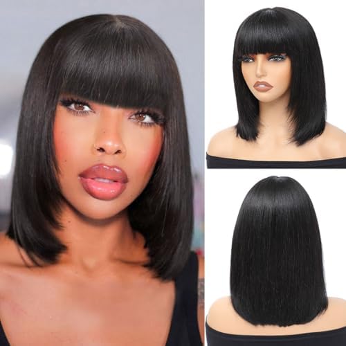 Amazon.com : CLIONE 12 Inch Straight Bob Wig with Bangs Human Hair ...