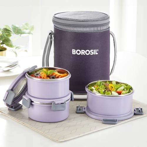 Buy Borosil Feast Stainless Steel Lunch Box with Bag | Set of 3 (400 ml ...