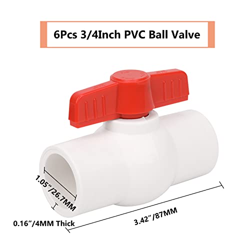 6Pcs 3/4" PVC Ball Valve Water Pipe Shut-off Valve Socket with Red T ...