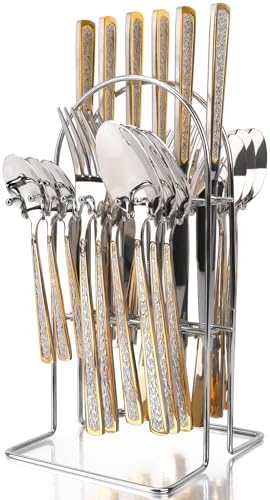 Cutlery Set, 24 Pieces Silverware Cutlery Set with Metal Hanging Stand ...