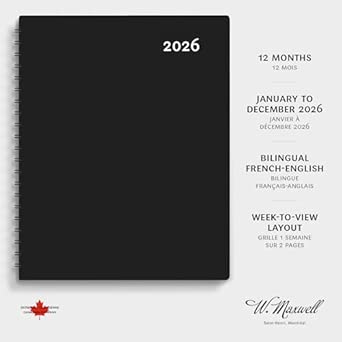 W. MAXWELL AGENDA 2026 MAXI NOIR BILINGUE FRANÇAIS-ANGLAIS : MAXWELL ...