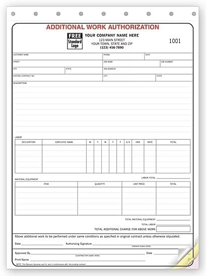 ABC Additional Work Authorization Forms, Carbonless, 8.5 x 11 inches ...