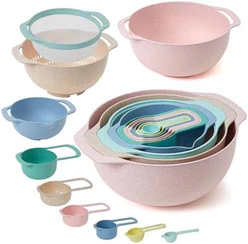 Walpck 10 Pcs Plastic Mixing Bowls Set with Measuring Spoon, Colorful ...