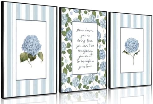 Amazon.com: 3Pcs Blue Hydrangea Canvas Wall Art Trendy Blue White ...
