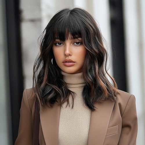 Amazon.com : simkaylee Brown Highlight Wigs with Bangs for Women ...