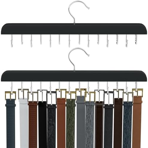 EHOTER 2PCS Wooden Belt Hanger for Closet with 8 Hooks Anti Slip Multi ...