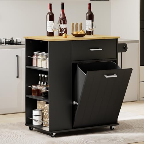 Amazon.com: HQZX Rolling Kitchen Island with Trash Can Storage ...