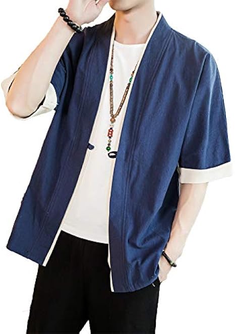 Men's Vintage Kimono Cardigan Cotton Linen Half Sleeve Japanese Jinbei ...