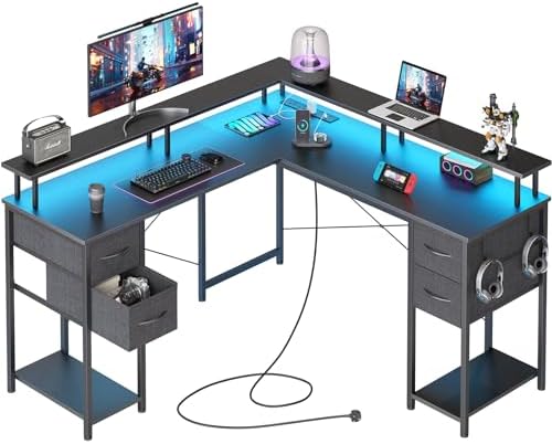 Yornoli Corner Desk with Drawers L Shaped Gaming Desk with Led Lights ...