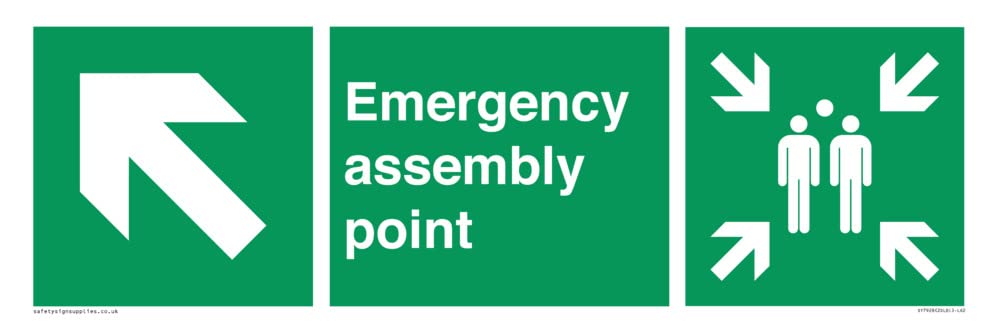 Emergency assembly point directional down Up left arrow Sign ...