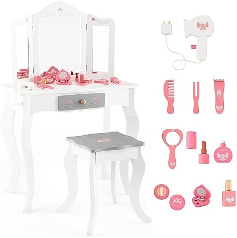Amazon.com: INFANS Kids Vanity, 2 in 1 Princess Makeup Table and Chair ...