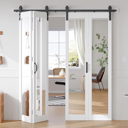 72X84 (18x4) Mirror Bi-fold Barn Door with 80" Hardware Kit & Handle ...