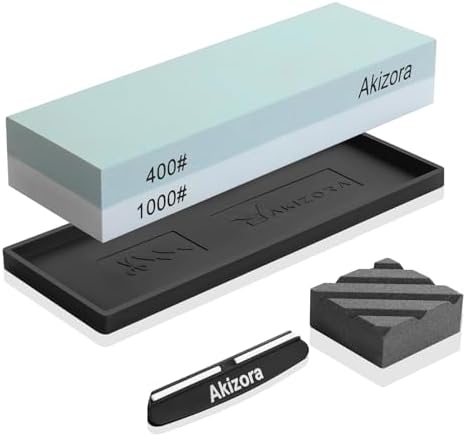 Amazon.co.jp: Akizora 砥石 包丁研ぎ石 400 1000 両面砥石セット 面直し付き 角度固定ホルダー付き 強力滑り止め ...