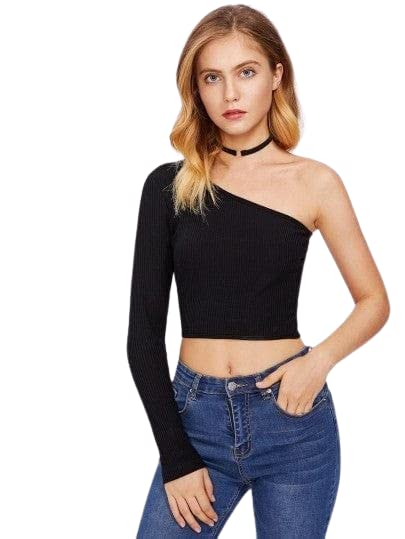 PRITHS ribbed one shoulder full sleeve top (XS, Black) : Amazon.in ...