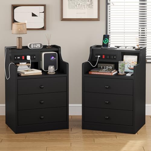 Amazon.com: Tiptiper Nightstand Set 2, Black NightStand with Hutch and ...