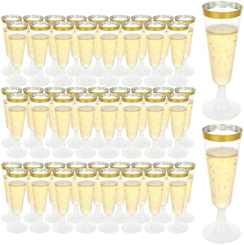 Amazon.com: Oungy 100 PCS Plastic Champagne Flutes with Gold Rim 5.5OZ ...