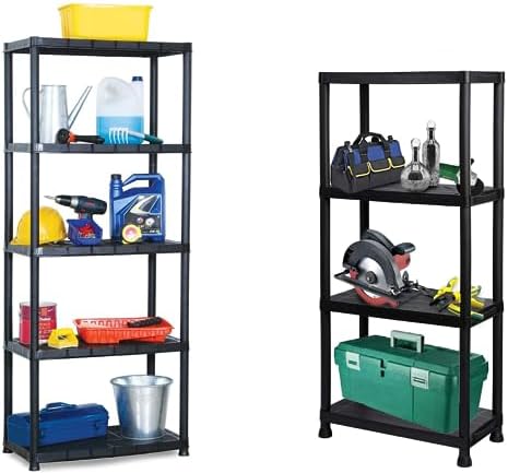 4/5 Tier Black Plastic Shelving Unit Storage Organised Garage/Home ...