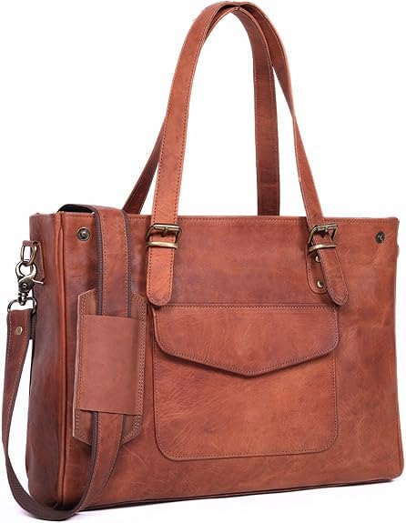 kirruu 16-inch Genuine Leather Laptop Bag for Women - Large Brown Work ...