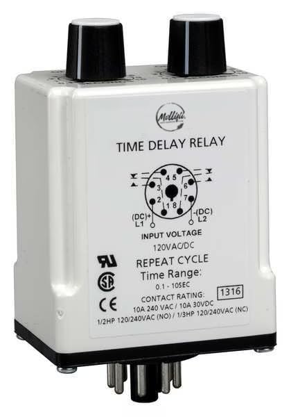Time Delay Relay, 120VAC/DC, 10A, DPDT, Max. Time Setting - Timer: 3 ...