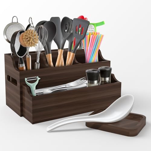 2-in-1 Large Wooden Utensil Holder for Kitchen Counter - Modular ...