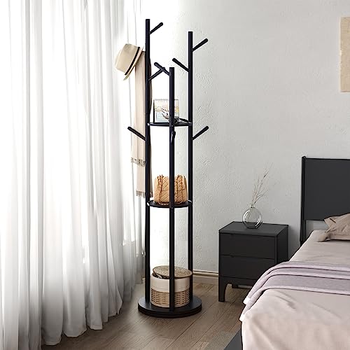 KungFuWood Rotary Coat Rack, Wooden Coat Rack Freestanding with 3 ...