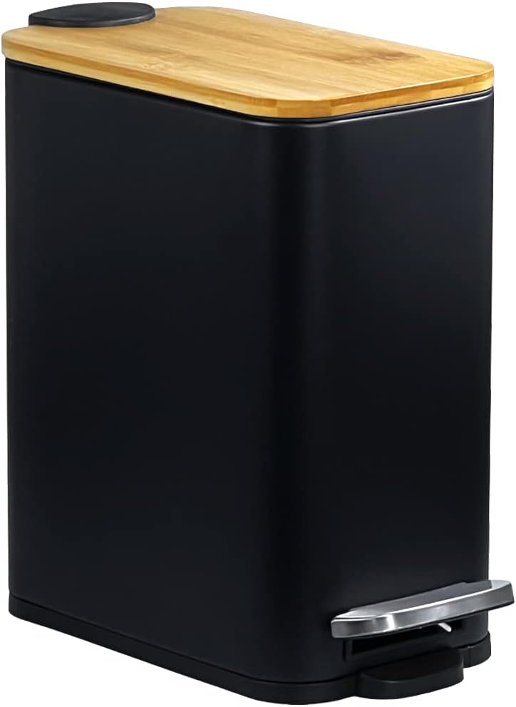 Small Trash Can with Bamboo Lid Soft Close, 5L Pedal Bin, Rectangular ...