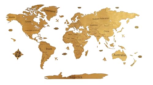 Amazon.com: 3D Gilded Wooden Map of The World for Wall - 59” x 32.6 ...