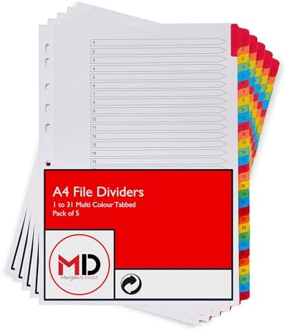 A4 1-31 File Dividers with Coloured Numbered Index Tabs - Multi Hole ...
