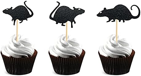 Amazon.com: Arthsdite 48Pcs Rat Cupcake Toppers Black Glitter Halloween ...